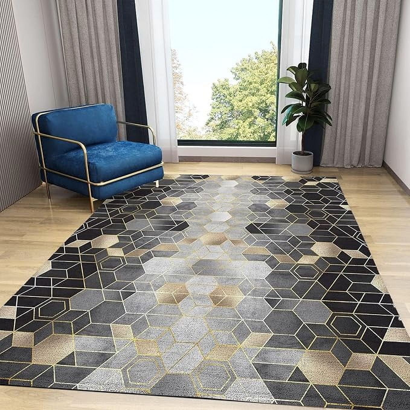 Gradient Black And Gray Geometric Honeycomb Lines Area Rug, Luxurious ...