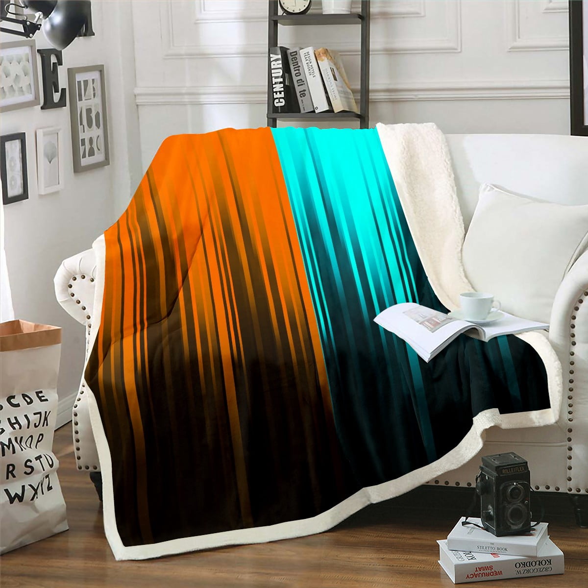 Gradient Blanket Black Teal Orange Abstract Ombre Throw Blanket ,Retro ...