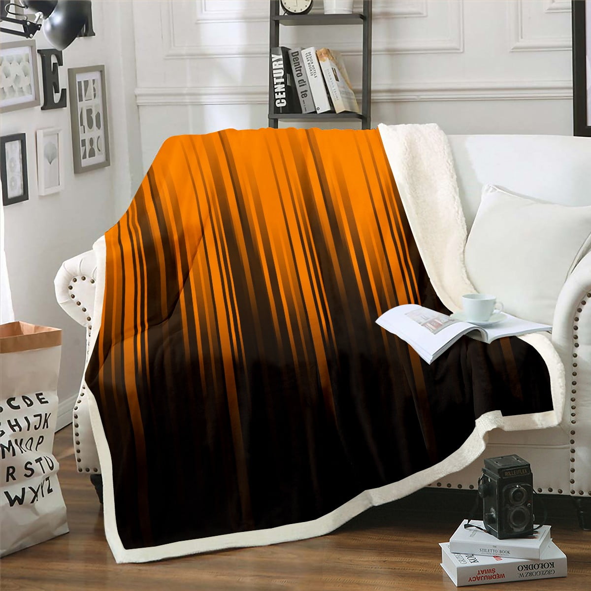 Gradient Blanket Orange Black Abstract Ombre Throw Blanket Women,Retro ...