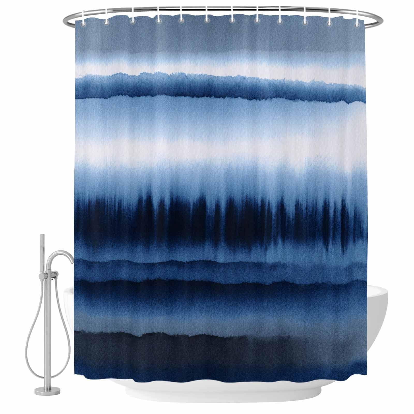 Gradient Blue Bathroom Shower Curtains with Hooks, Watercolor Abstract ...