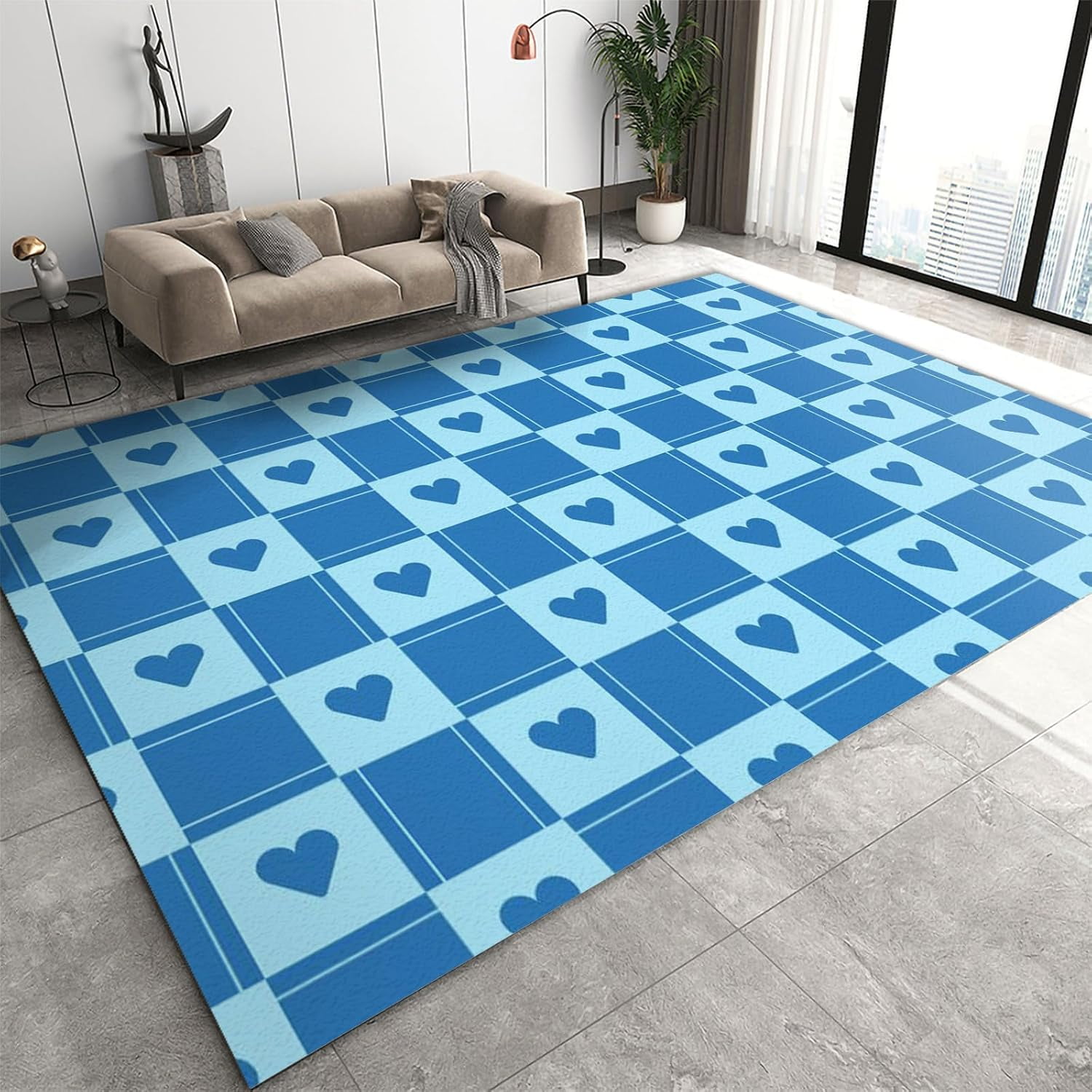 Gradient Blue Checkered Rug, Heart Shape Geometry Indoor Non-Slip ...