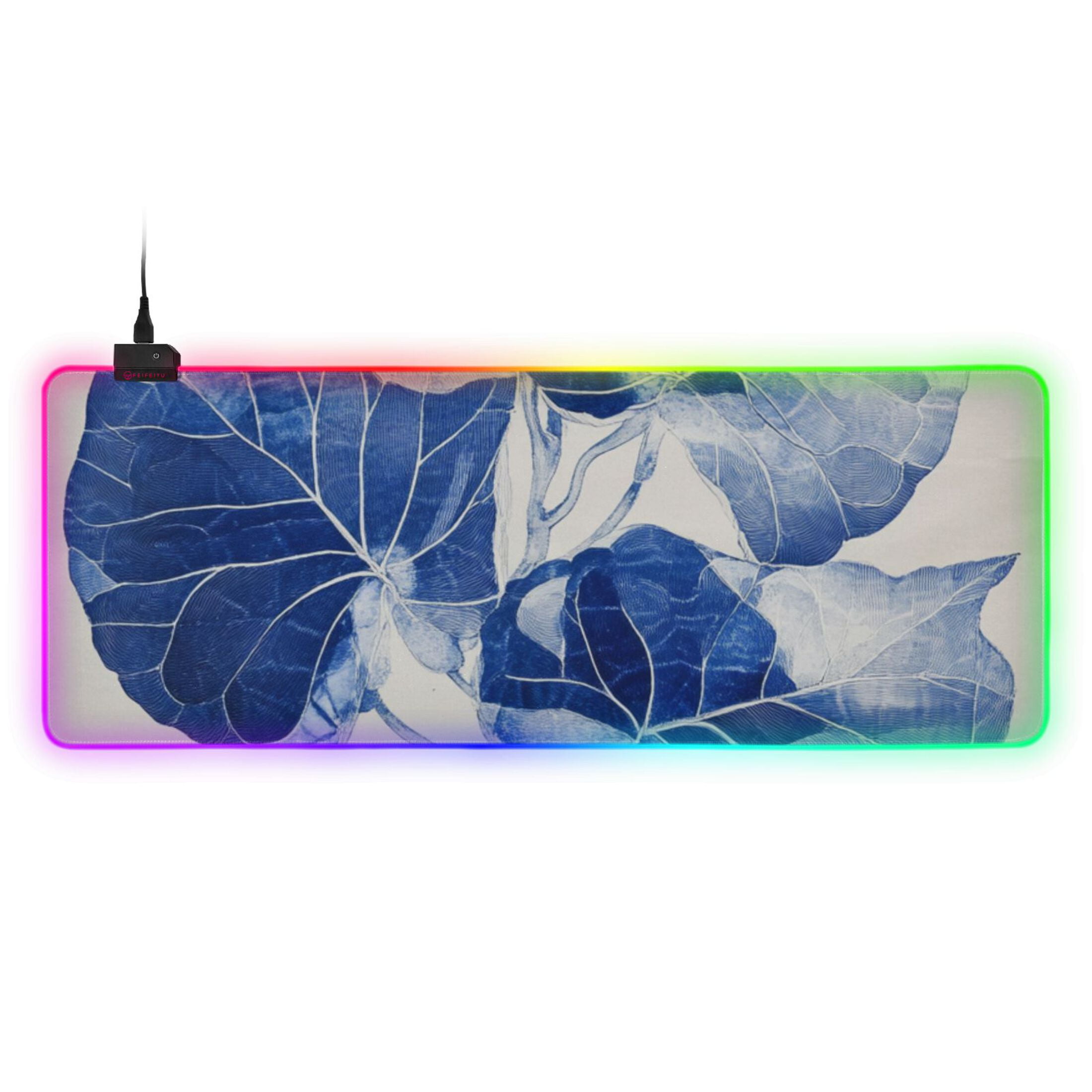 Gradient Blue Ficus Leaf Pattern RGB Gaming Mouse Pad Large Keyboard ...