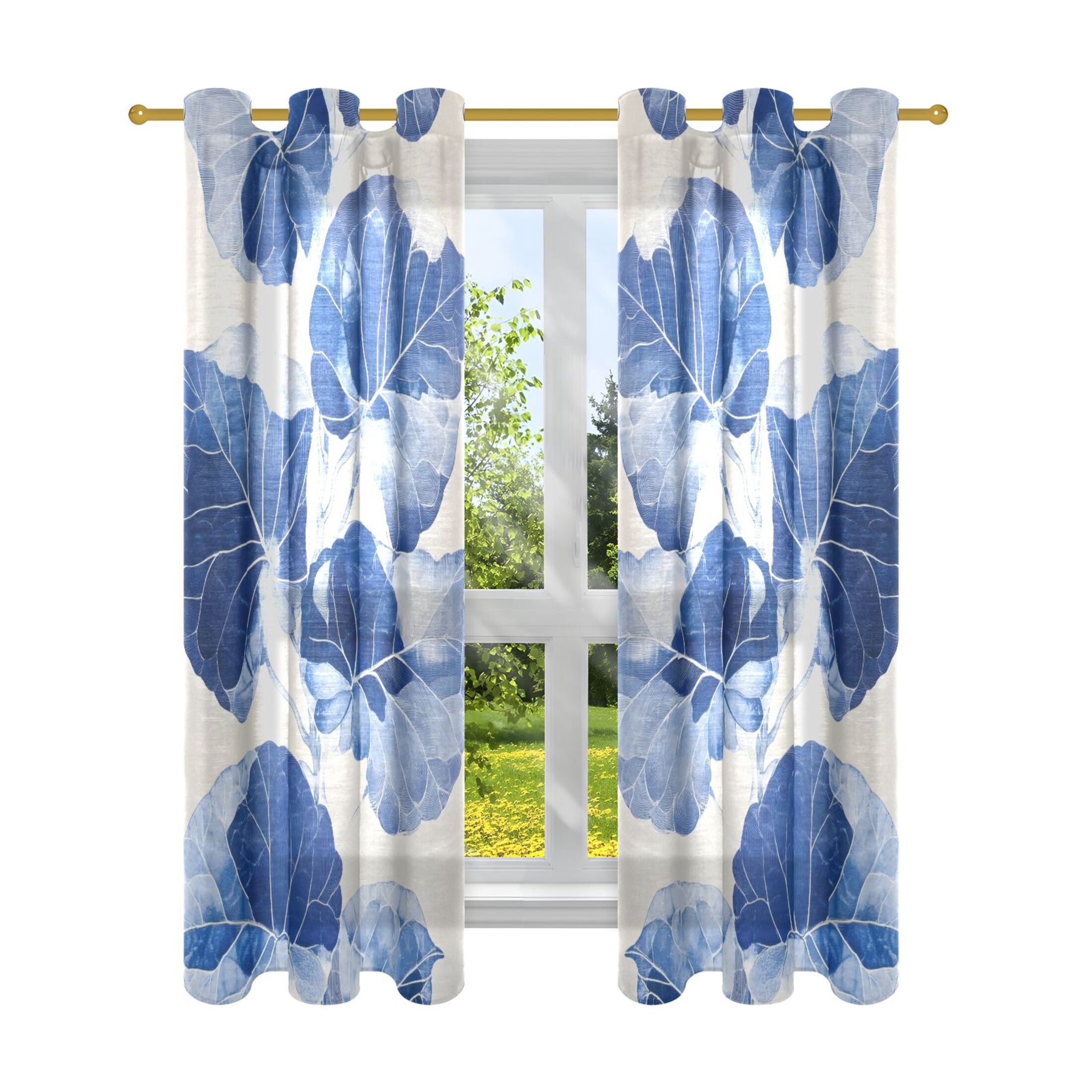 Gradient Blue Ficus Leaf Pattern Semi Sheer Curtains for Living Room ...