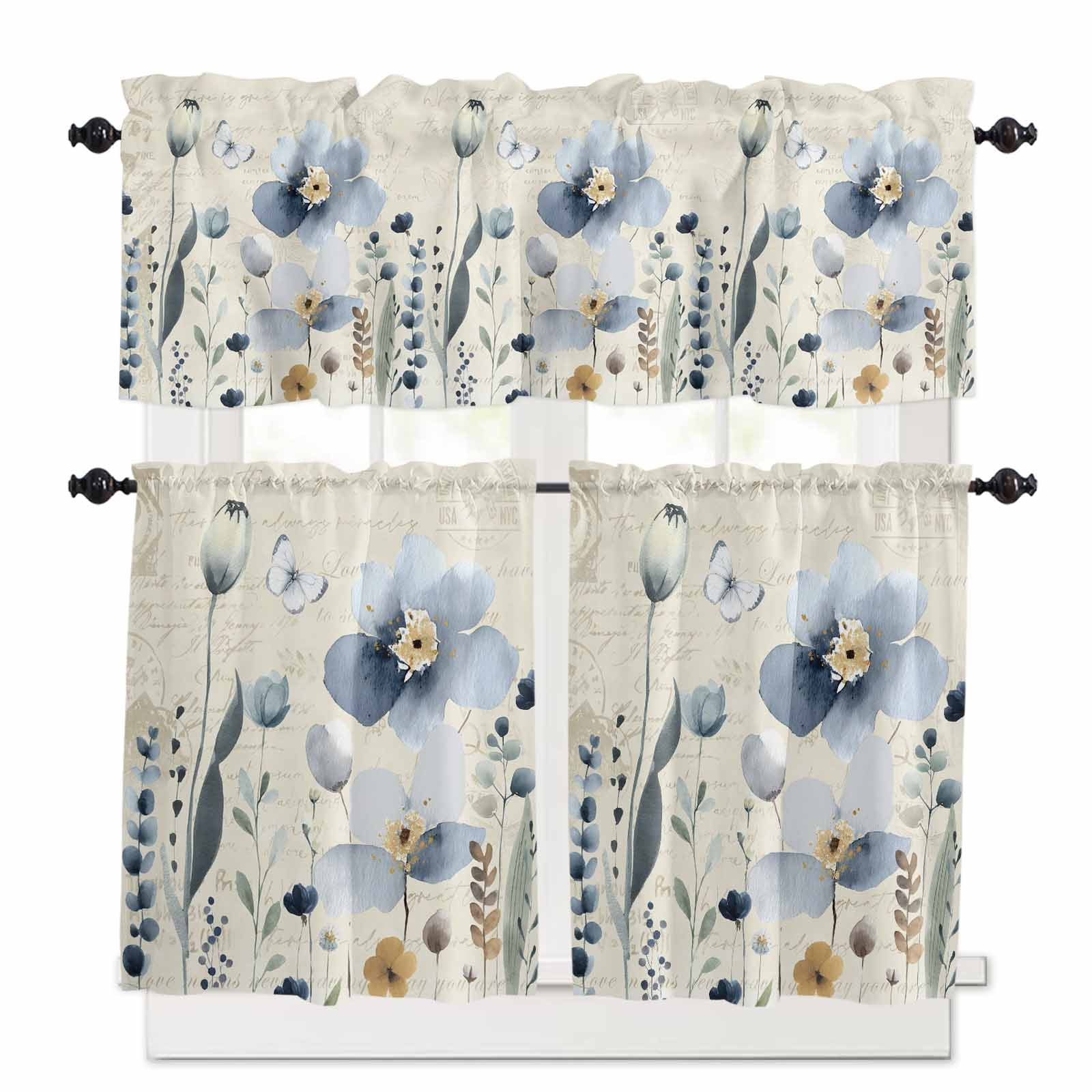 Gradient Blue Flower Kitchen Curtains Valances and Tiers Set of 3 ...