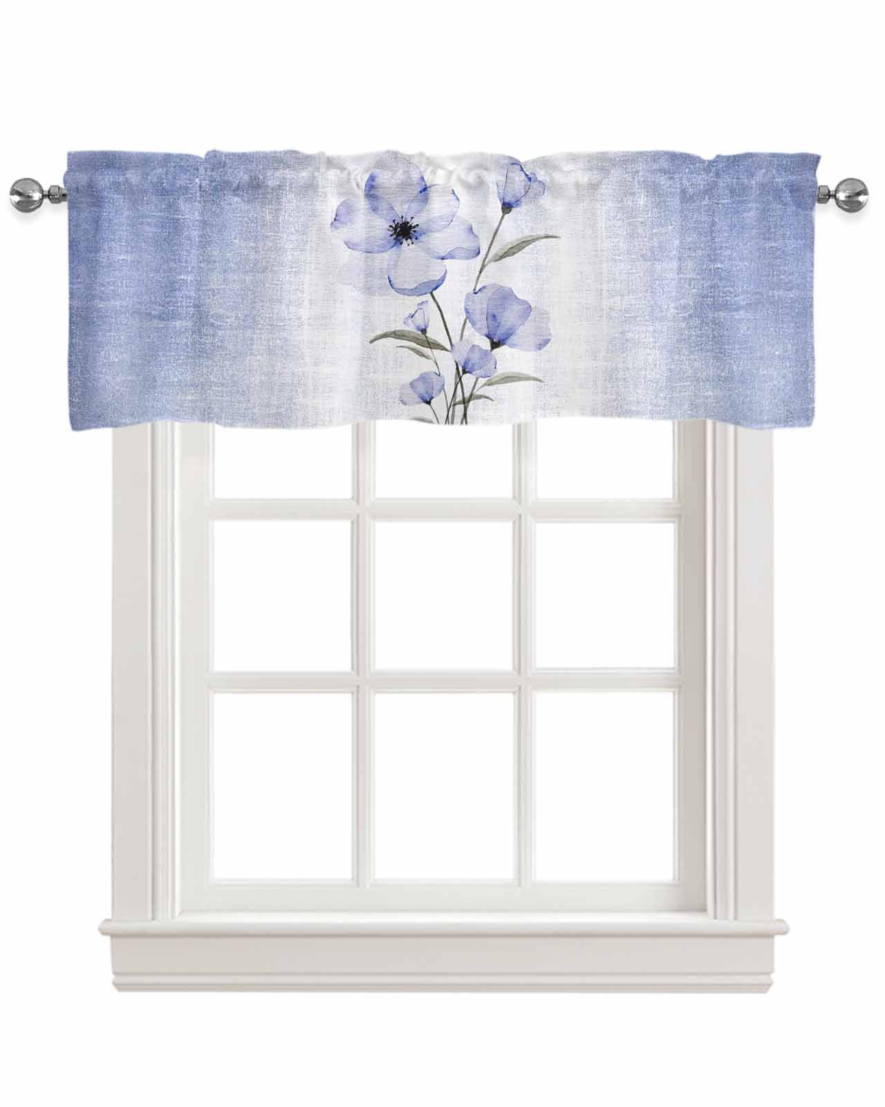 Gradient Blue Flower Linen Curtain Valance for Bedroom/Bathroom/Kitchen ...