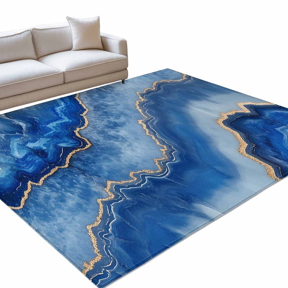 Gradient Blue Gold Marble Area Rug, Modern Abstract Art Watercolor ...