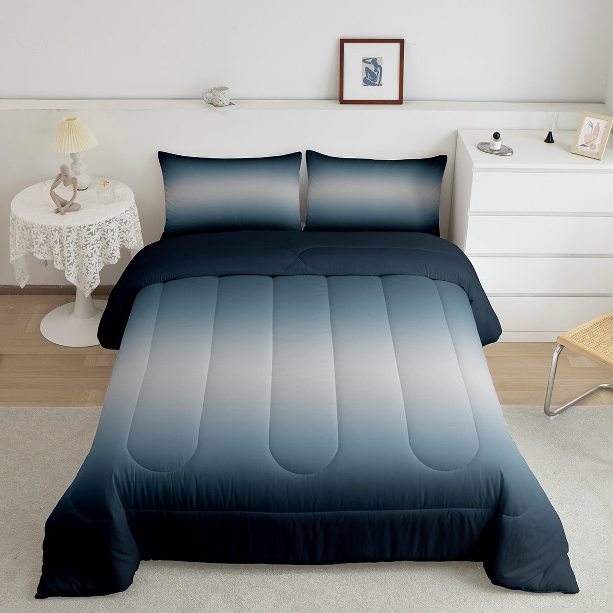 Gradient Blue and Grey Comforter Set Navy Blue Greyish Ombre Bed ...