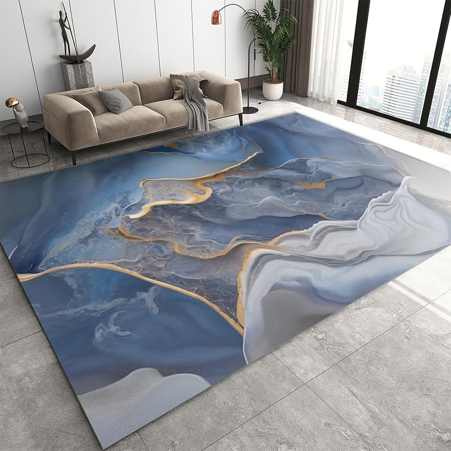Gradient Blue Marble Area Rug, Luxury Gold-Plated Ink Fluid Texture ...