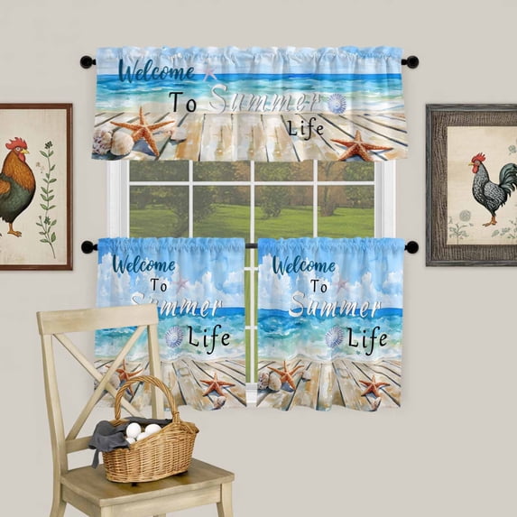 Gradient Blue Ocean Beach Starfish Curtain Tier and Valance Set 3 Piece ...