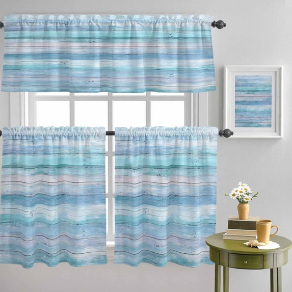 Gradient Blue Ocean Retro Plank Curtain Tier and Valance Set 3 Piece ...