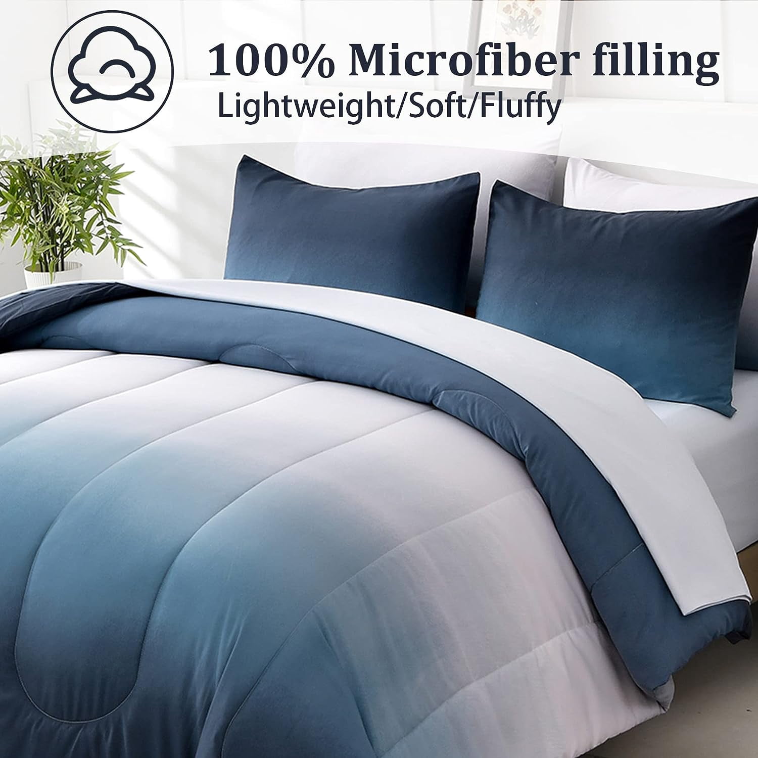 Gradient Blue White Comforter Set King Size 7 Pieces Ombre Navy Blue ...
