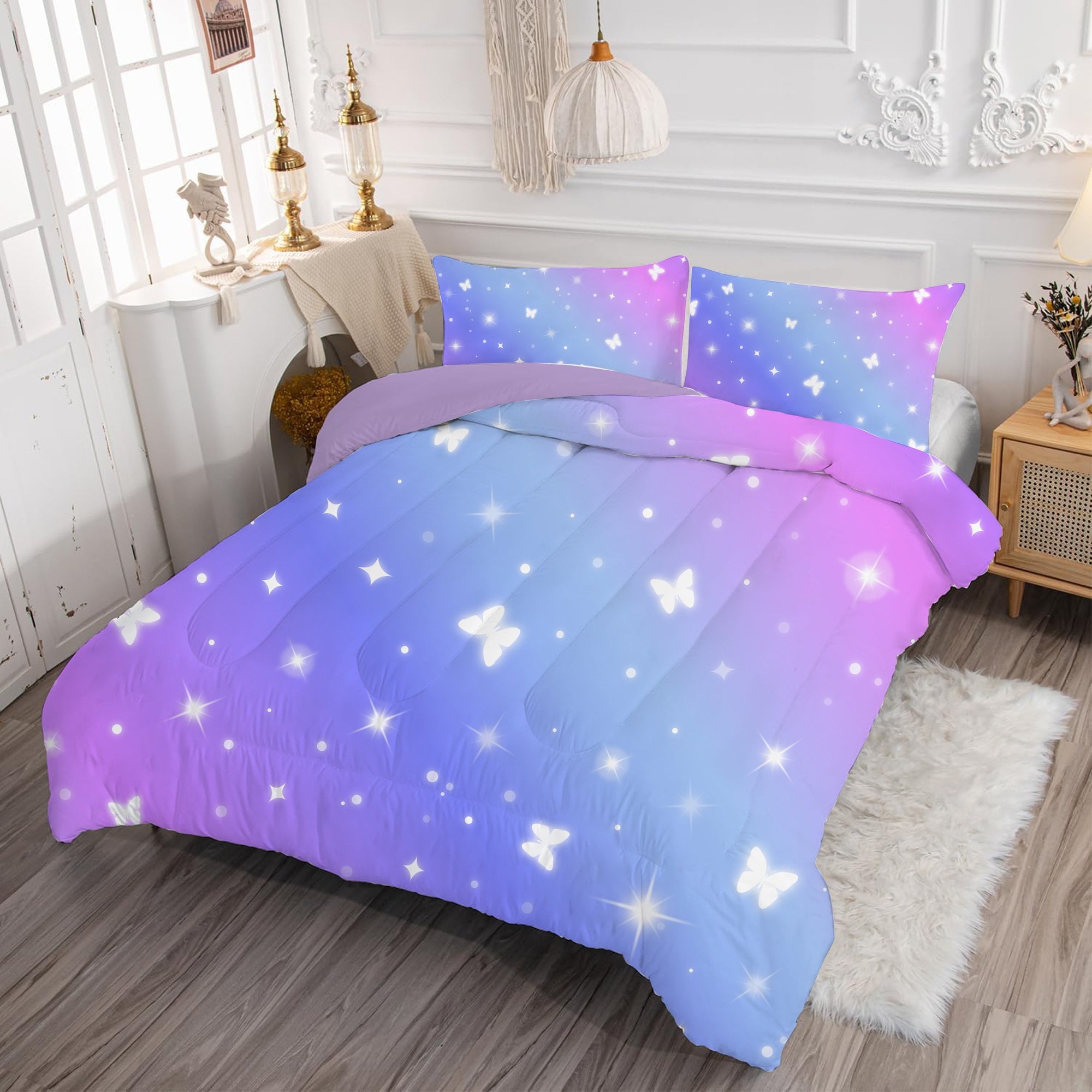 Gradient Butterfly Glitter Bedding Set for Kids Girls Teens Queen Size ...