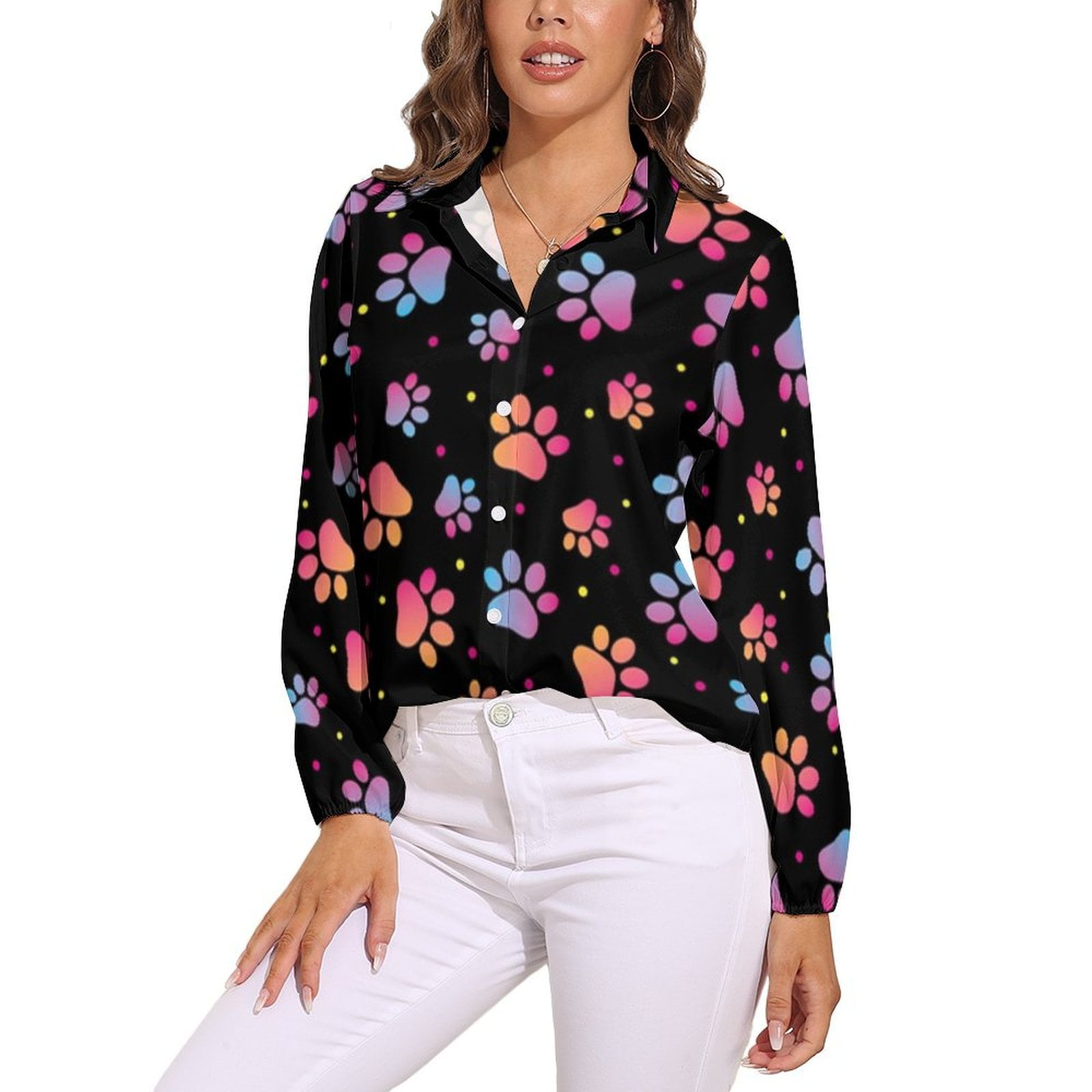 Gradient Color Dog Paws On Black Background Long Sleeve Blouse Woman ...