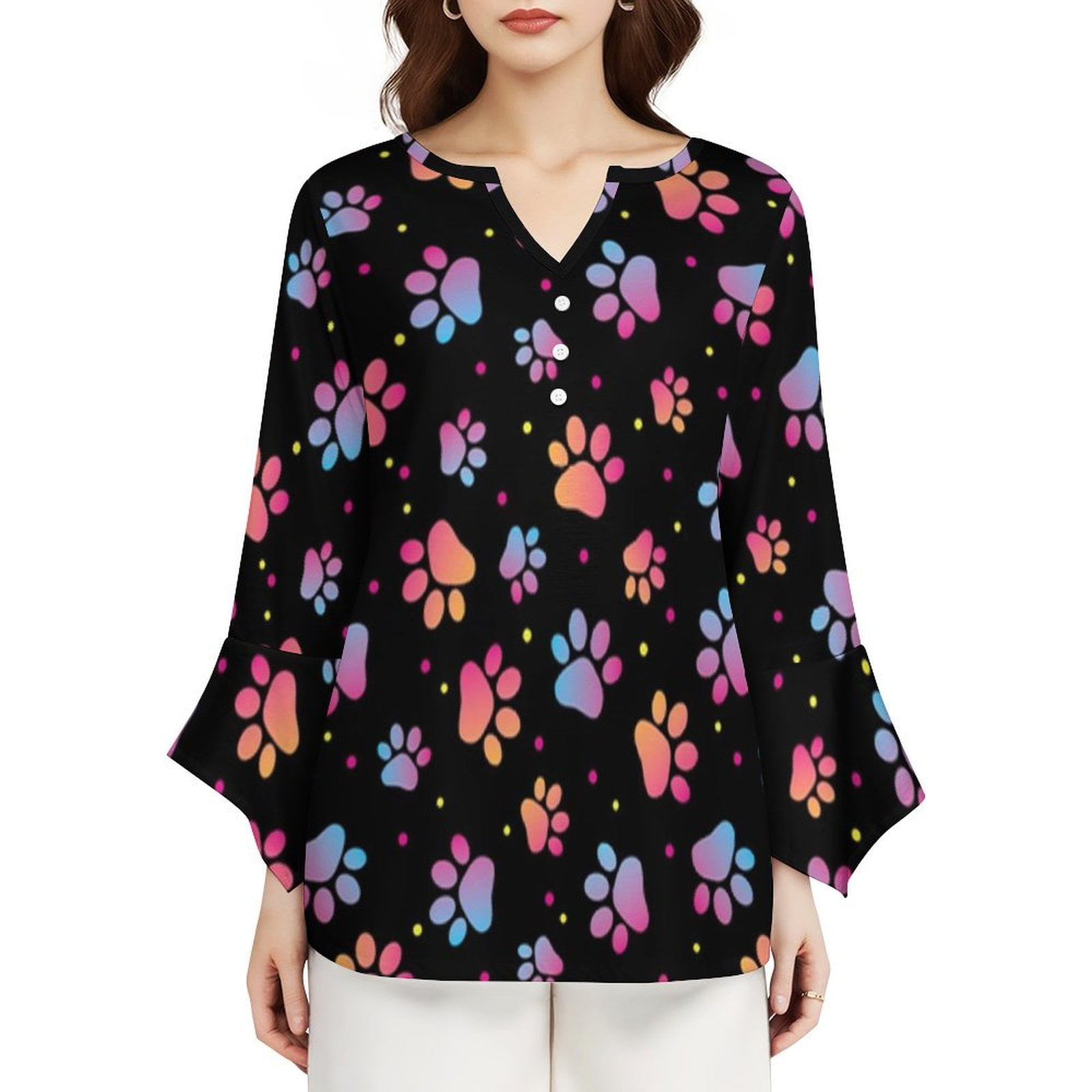 Gradient Color Dog Paws On Black Background Women's Long Sleeve Loose T ...
