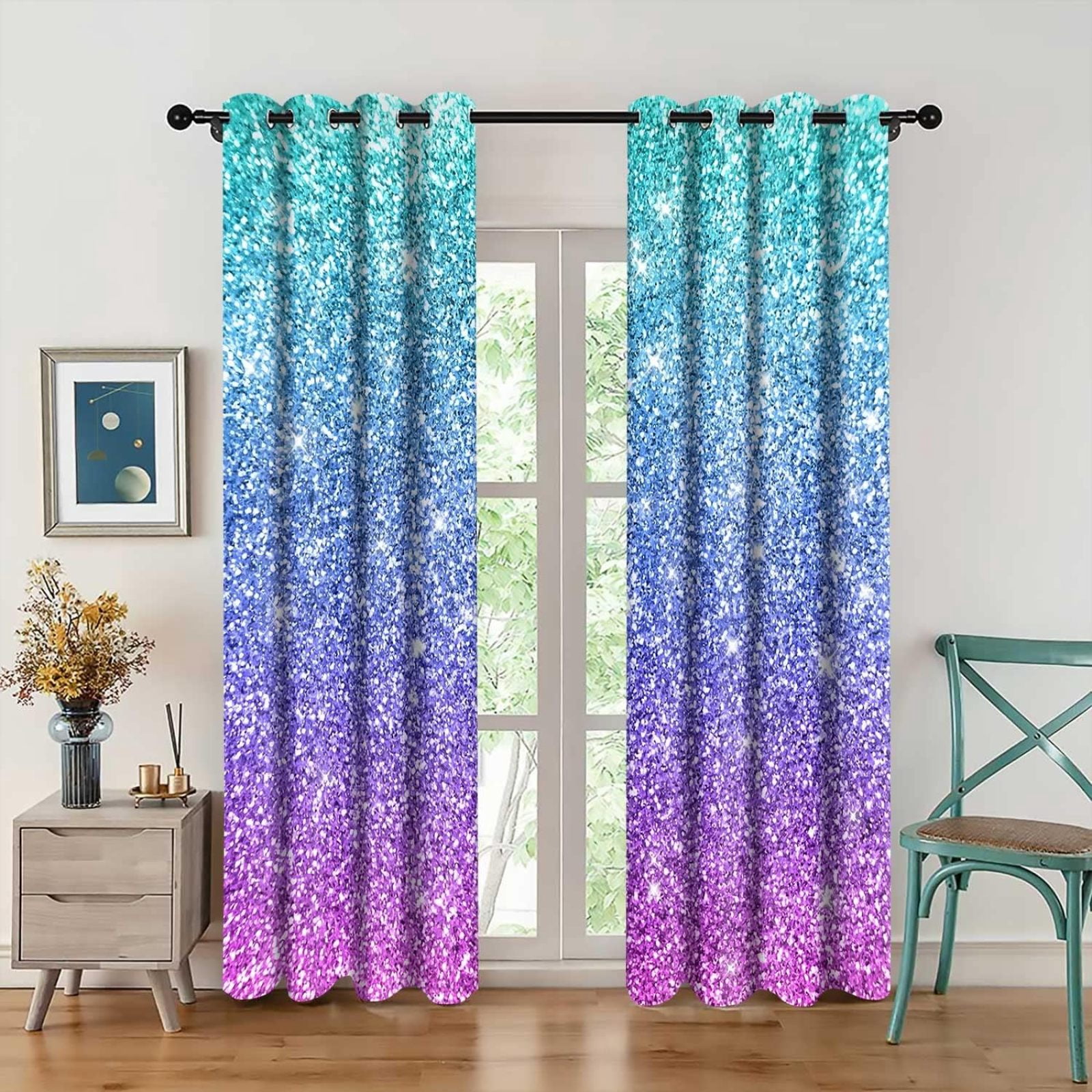 Gradient Color Shiny Print Curtains Gorgeous Rainbow Mermaid Blackout ...