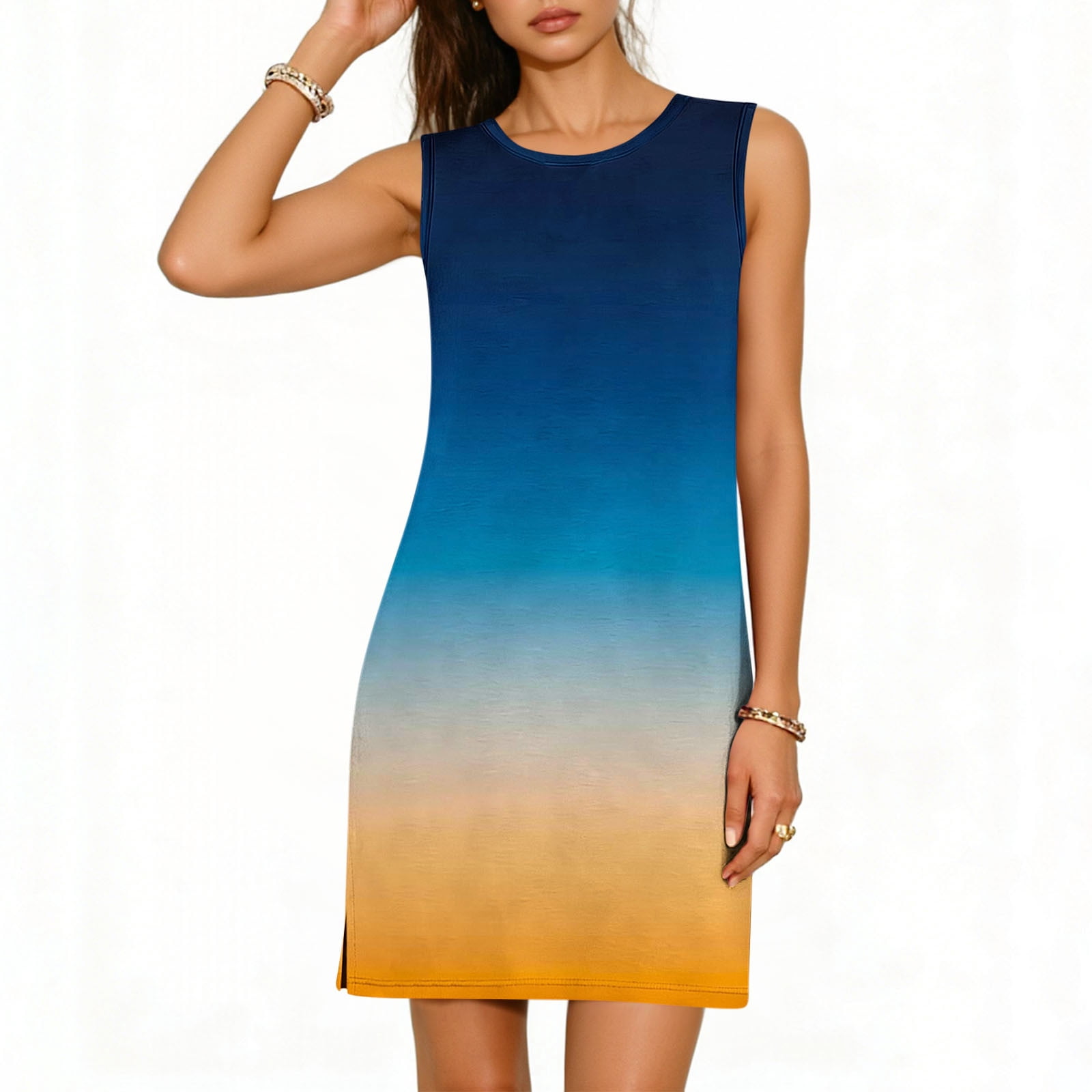 Gradient Dresses for Women Crew Neck Sleeveless Mini Dress with Side ...