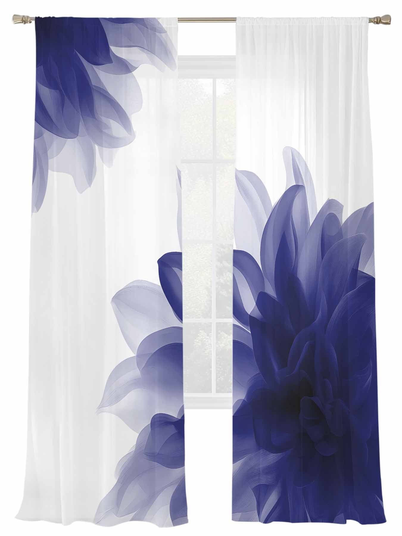 Gradient Floral Sheer Curtains 2 Panels Set Deep Blue Translucent ...