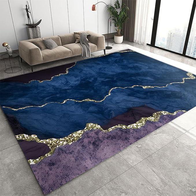 Gradient Gold-Plated Blue-Black Area Rug, Modern Marble Abstract Non ...
