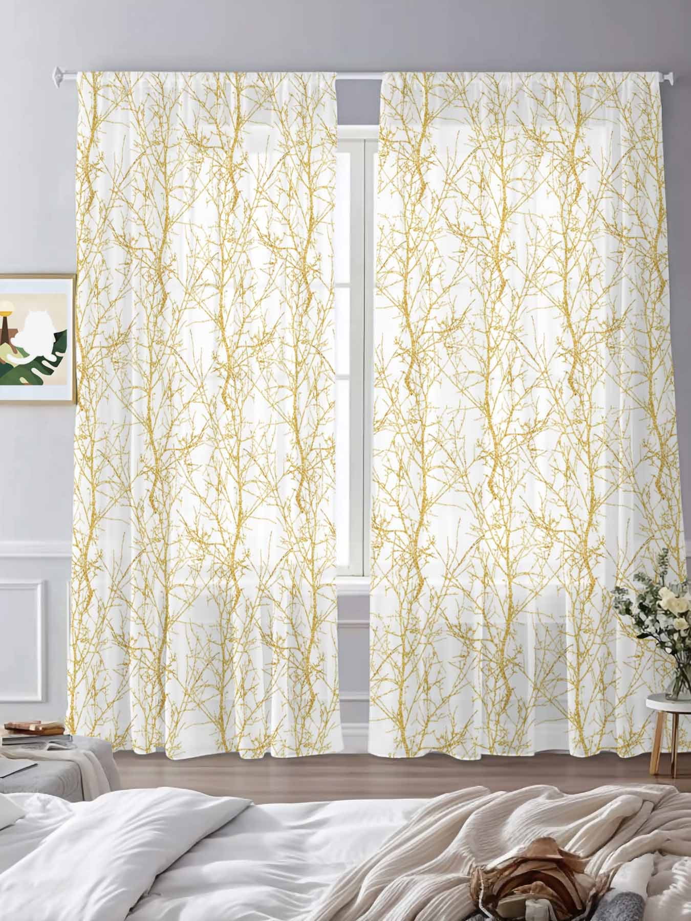 Gradient Gold Sheer Curtains 108 inches Long 2 Panels Set Tree Branch ...