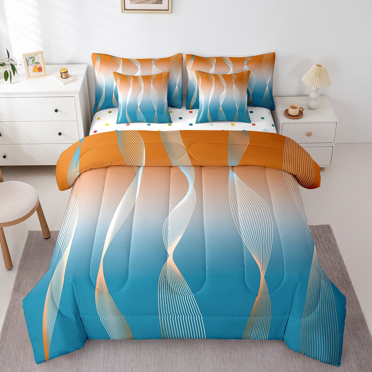Gradient Gradient Orange To Blue Bed in a Bag King Size Comforter Set 7 ...