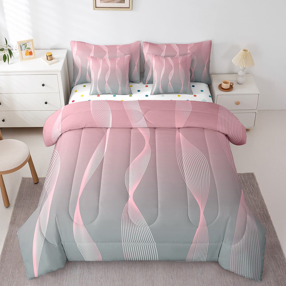 Gradient Gradient Pink To Grey Bed in a Bag King Size Comforter Set 7 ...