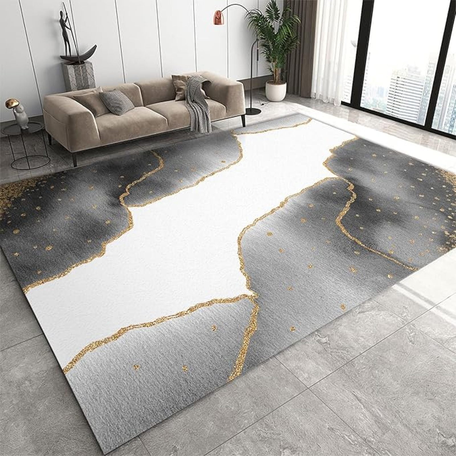 Gradient Gray Ink Marble Area Rug, Luxurious Geometric Gilt Texture Art ...
