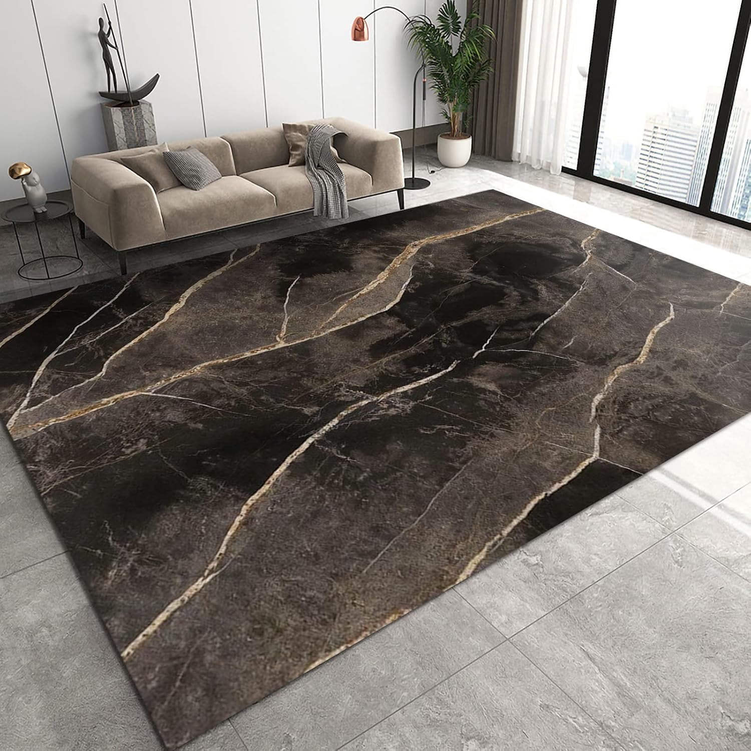 Gradient Gray Marble Area Rugs, Yellow Lines Curved Crease Texture ...