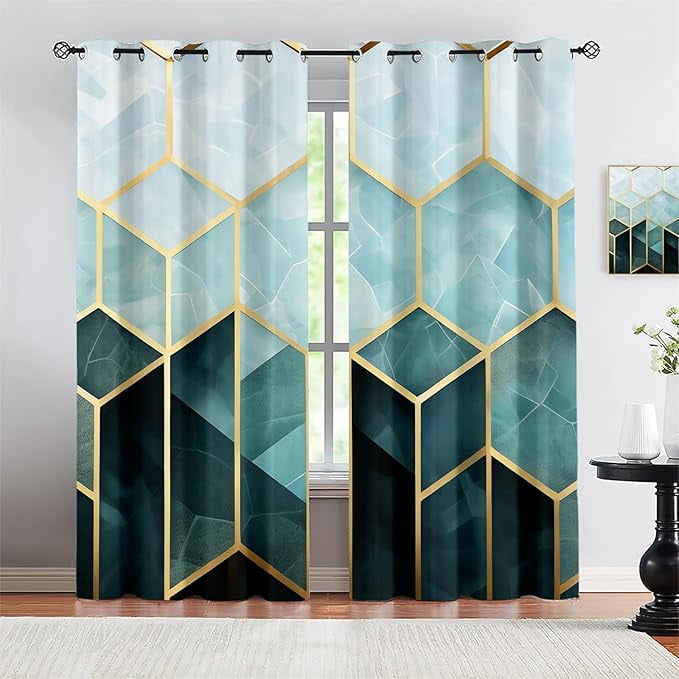 Gradient Green Gold Honeycomb Marble Blackout Curtains, Luxurious ...