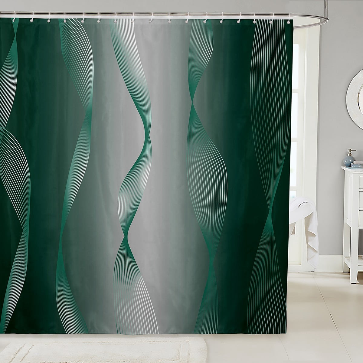 Gradient Green and Greyish White Waterproof Bathroom Curtains Ombre ...
