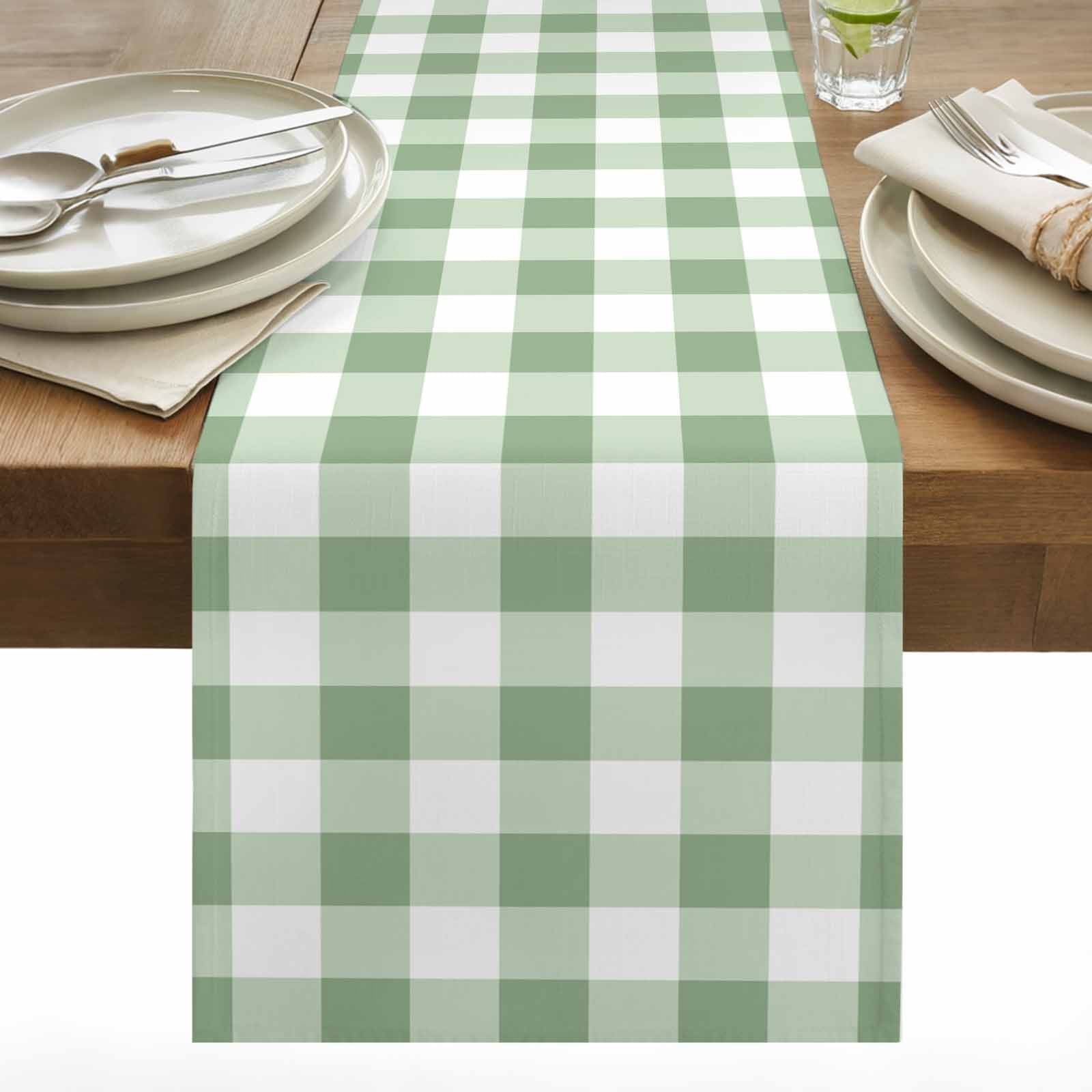Gradient Green Plaid Table Runner 13x72 inch Geometric Cotton Linen ...