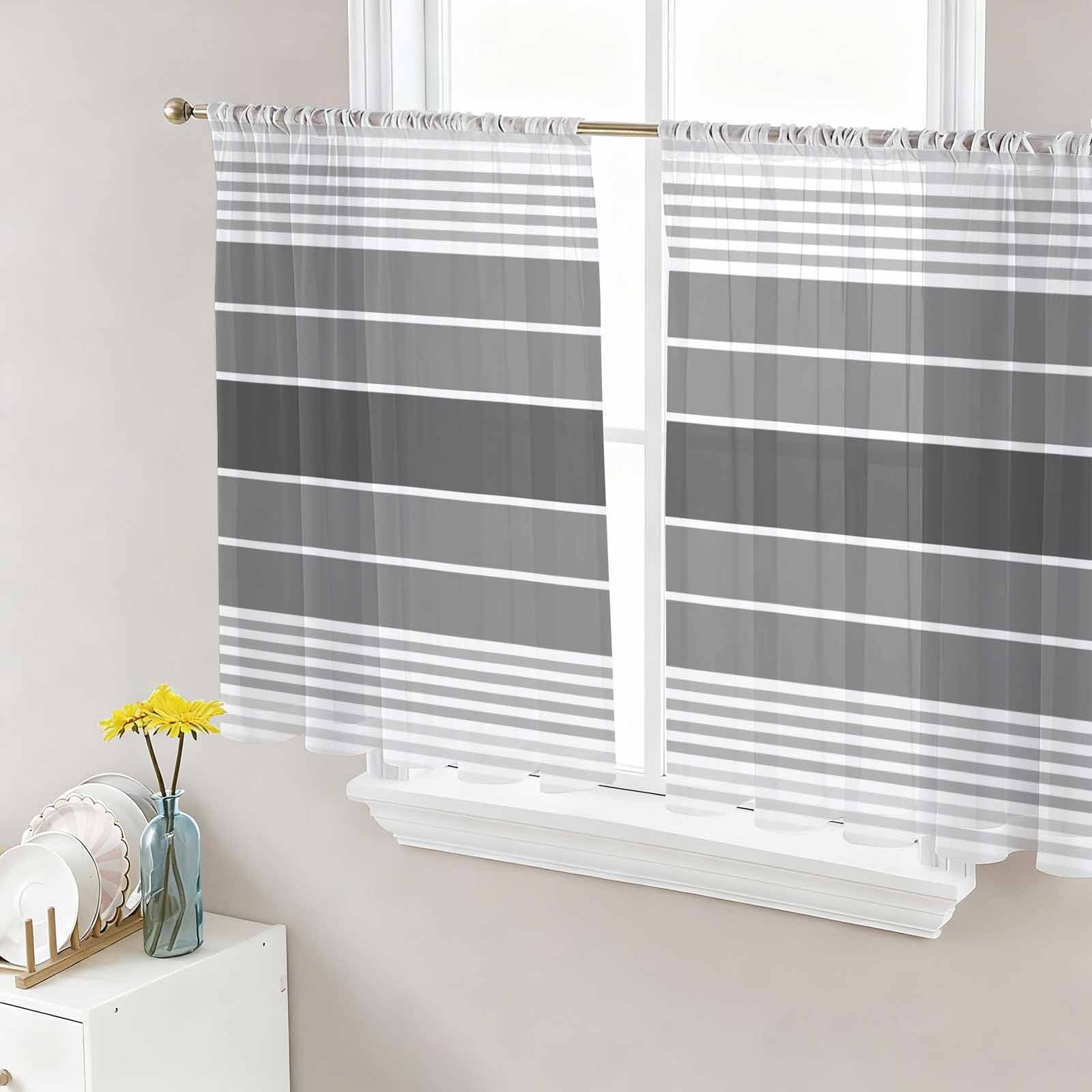 Gradient Grey Striped Semi Sheer Curtains 45 Inch Length 2 Panels Set ...