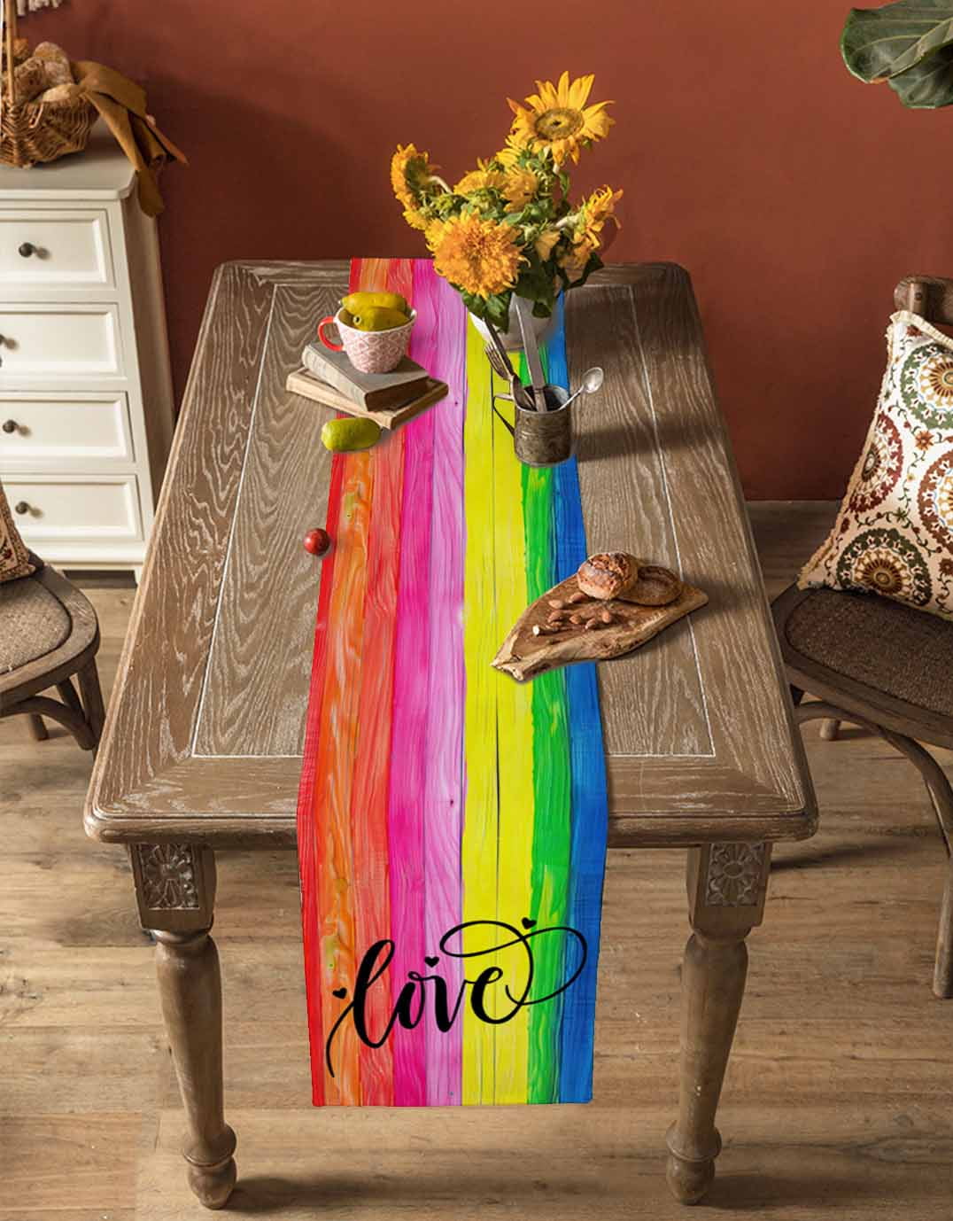 Gradient Hand Drawn Caring Table Runner Cotton Linen Wedding Table r ...