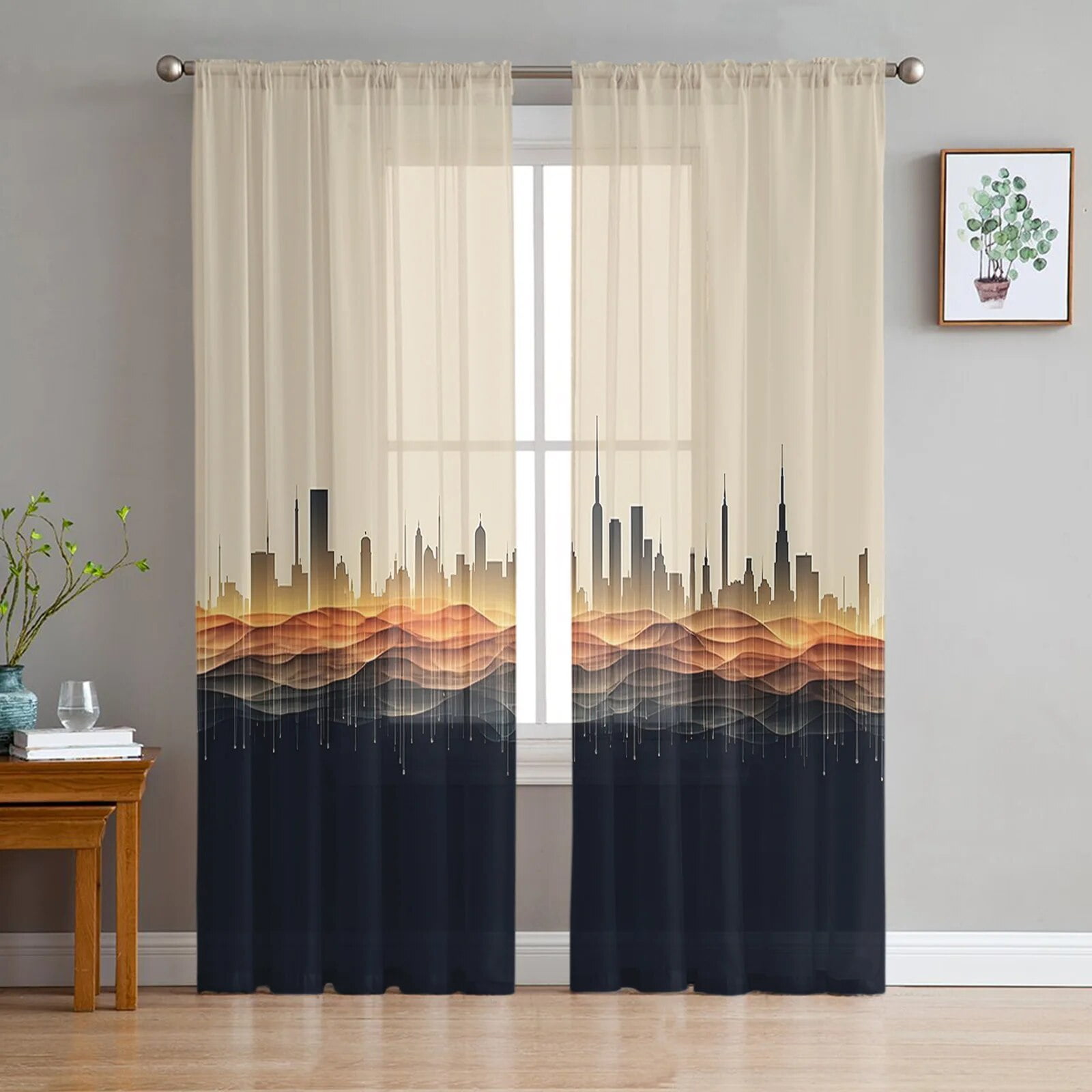 Gradient Light Points Urban Reflection Lines Tulle Window Treatment ...
