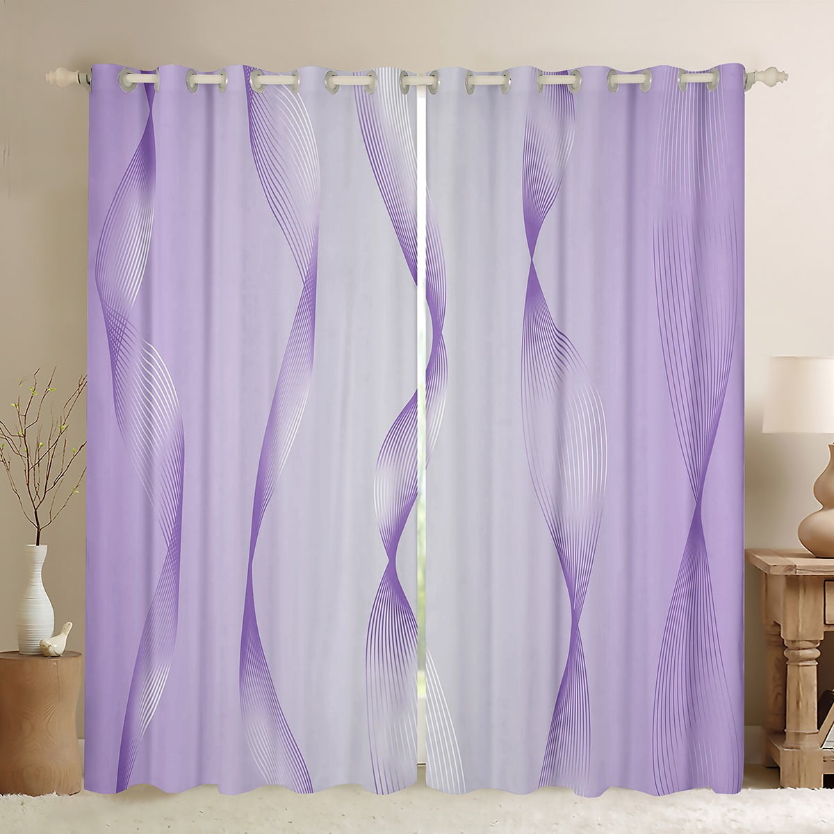 Gradient Lilac and Greyish White Curtains & Drapes 2 Panels 52"Wx63"L,Silver Foil Print Wave ...