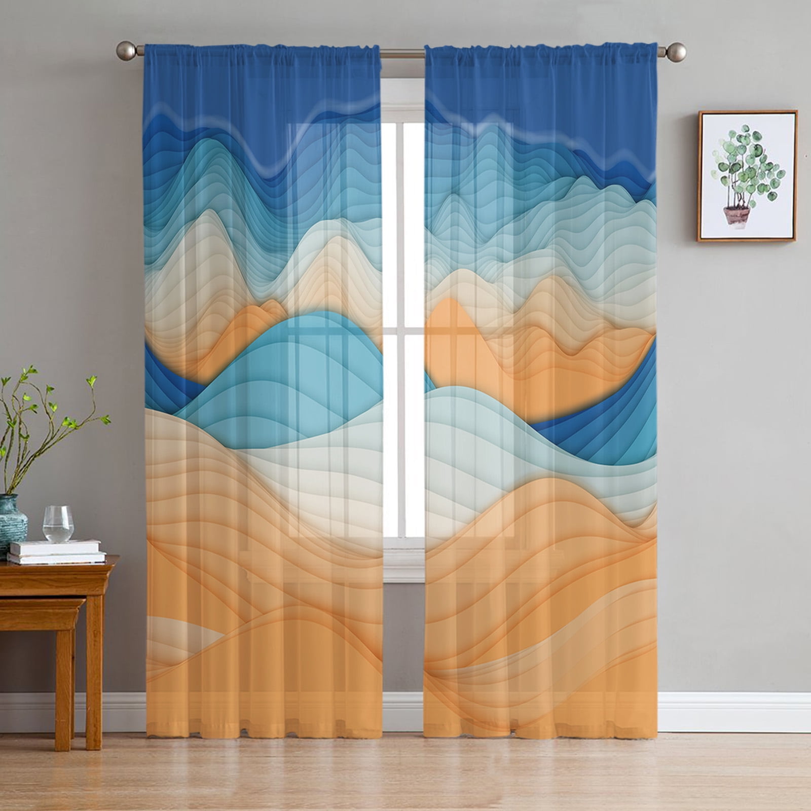 Gradient Line Mountain Landscape Abstract Texture Tulle Curtains Modern ...