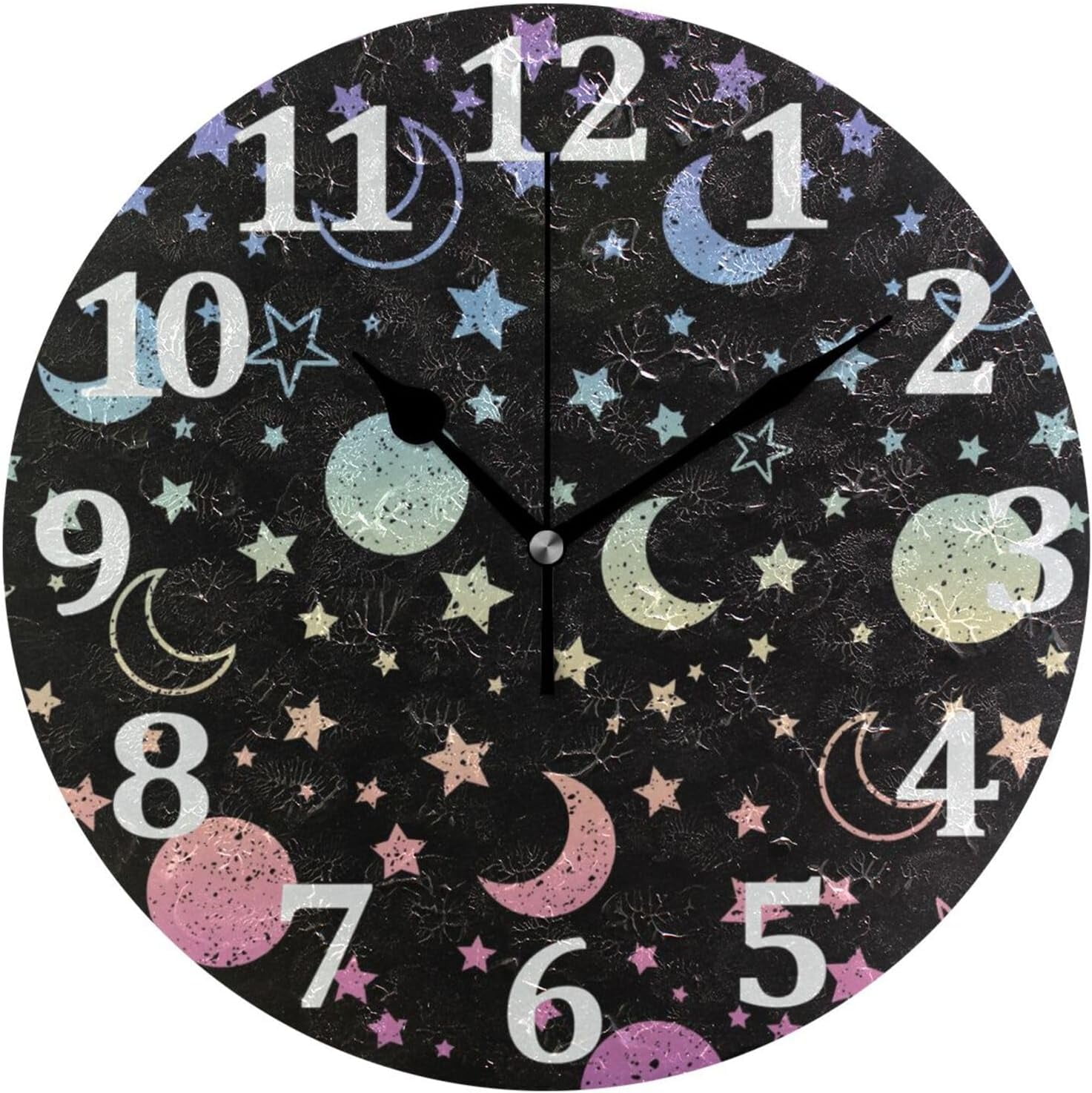 Gradient Moon Stars Wall Clock Round Vintage Silent Non Ticking Battery ...