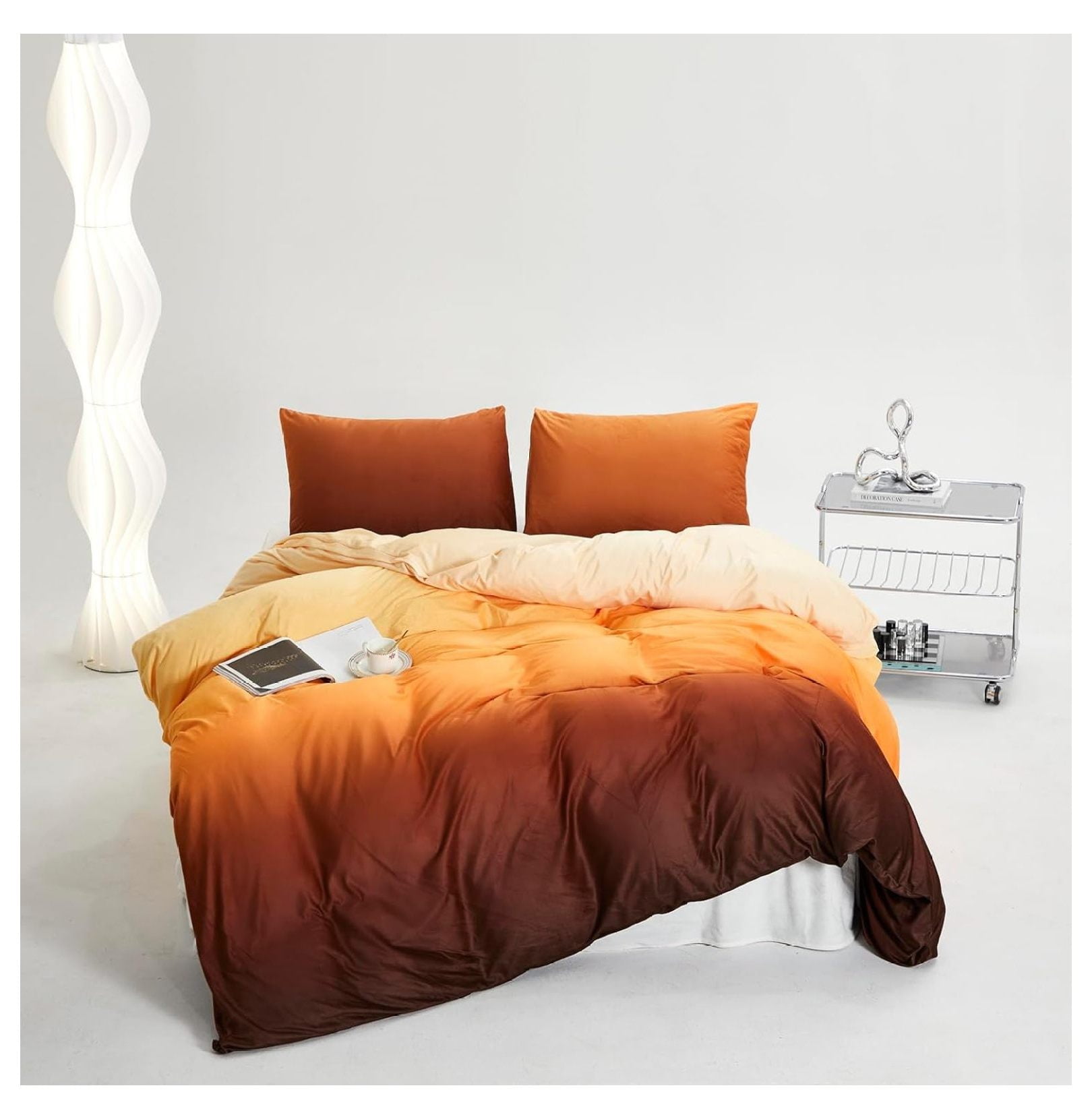 Gradient Orange White Velvet Comforter Set Queen Fluffy Cream Yellow Orange Brown Flannel Puffy ...