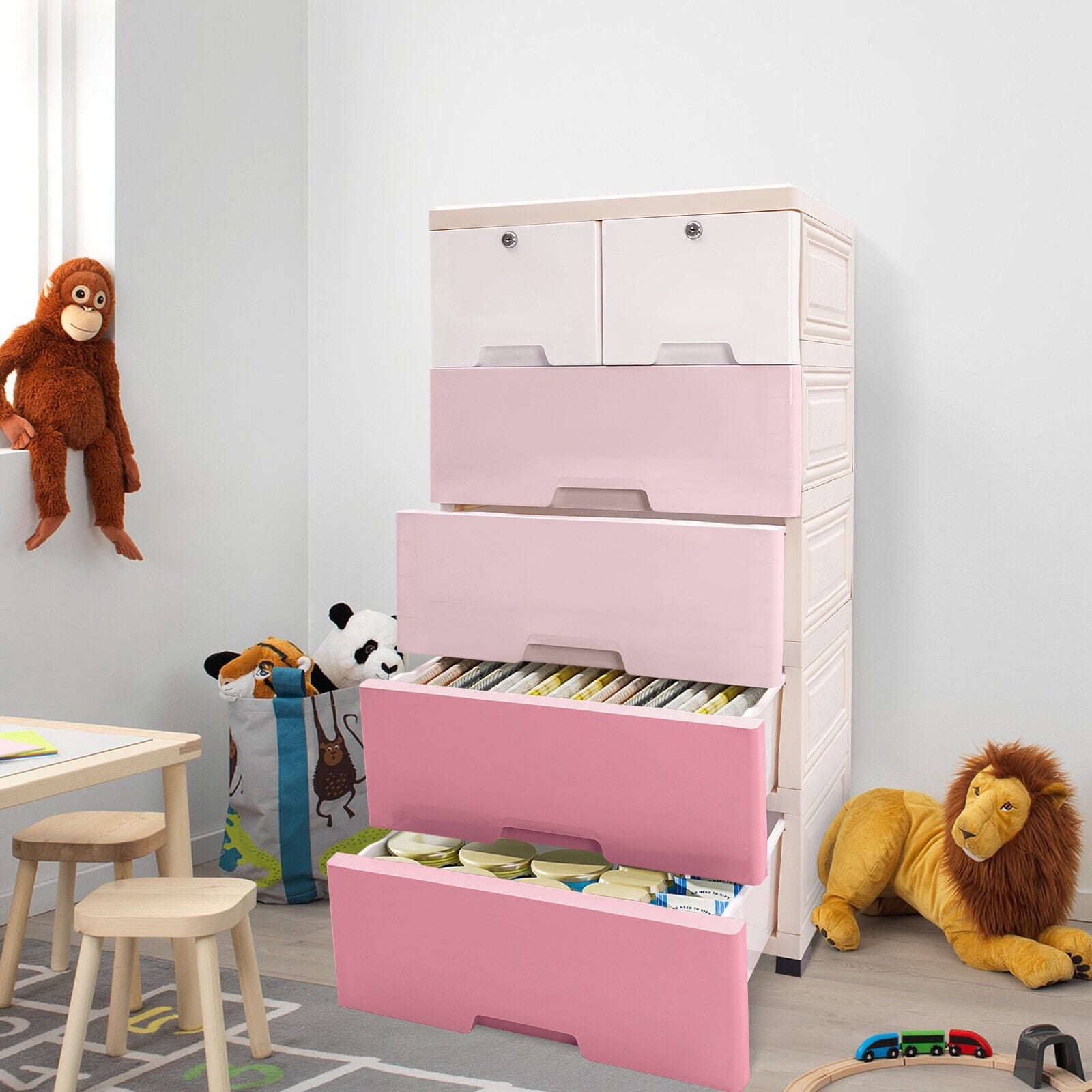 Gradient Pink 6-Drawer Storage Cabinet - Eco-Friendly PP, Lockable ...