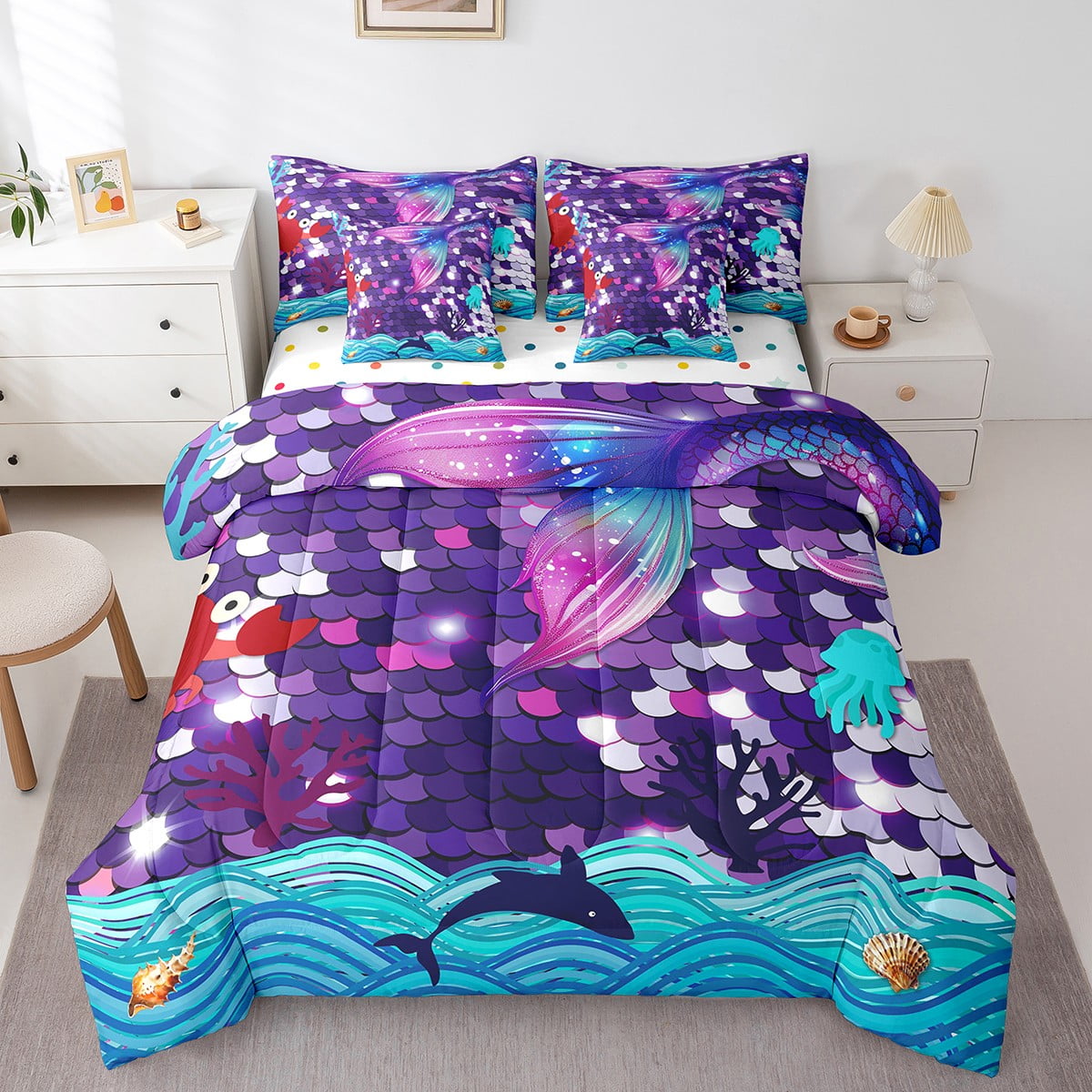Gradient Pink Blue Mermaid Tail 7 Piece Comforter Set Full Bed in a Bag ...