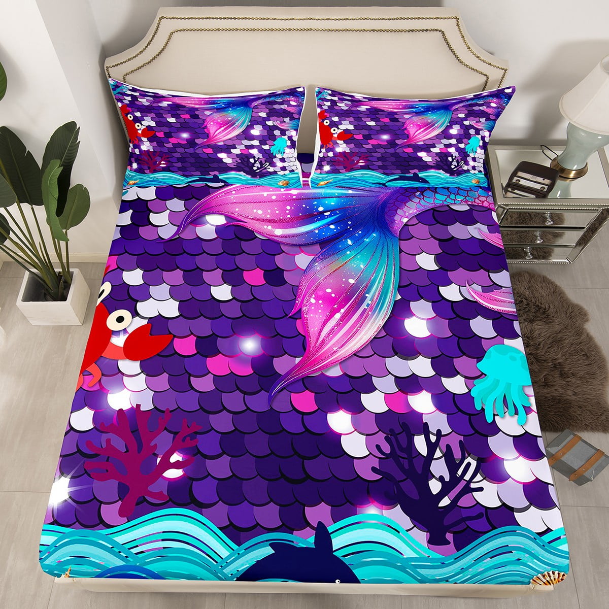 Gradient Pink Blue Mermaid Tail Fitted Sheet Purple Fish Scales Queen ...
