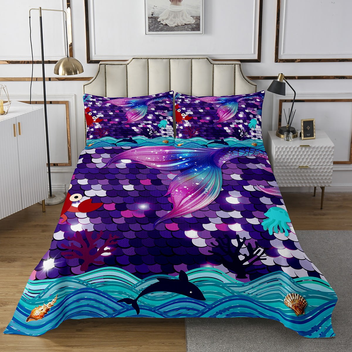 Gradient Pink Blue Mermaid Tail Quilt Set Purple Fish Scales King ...