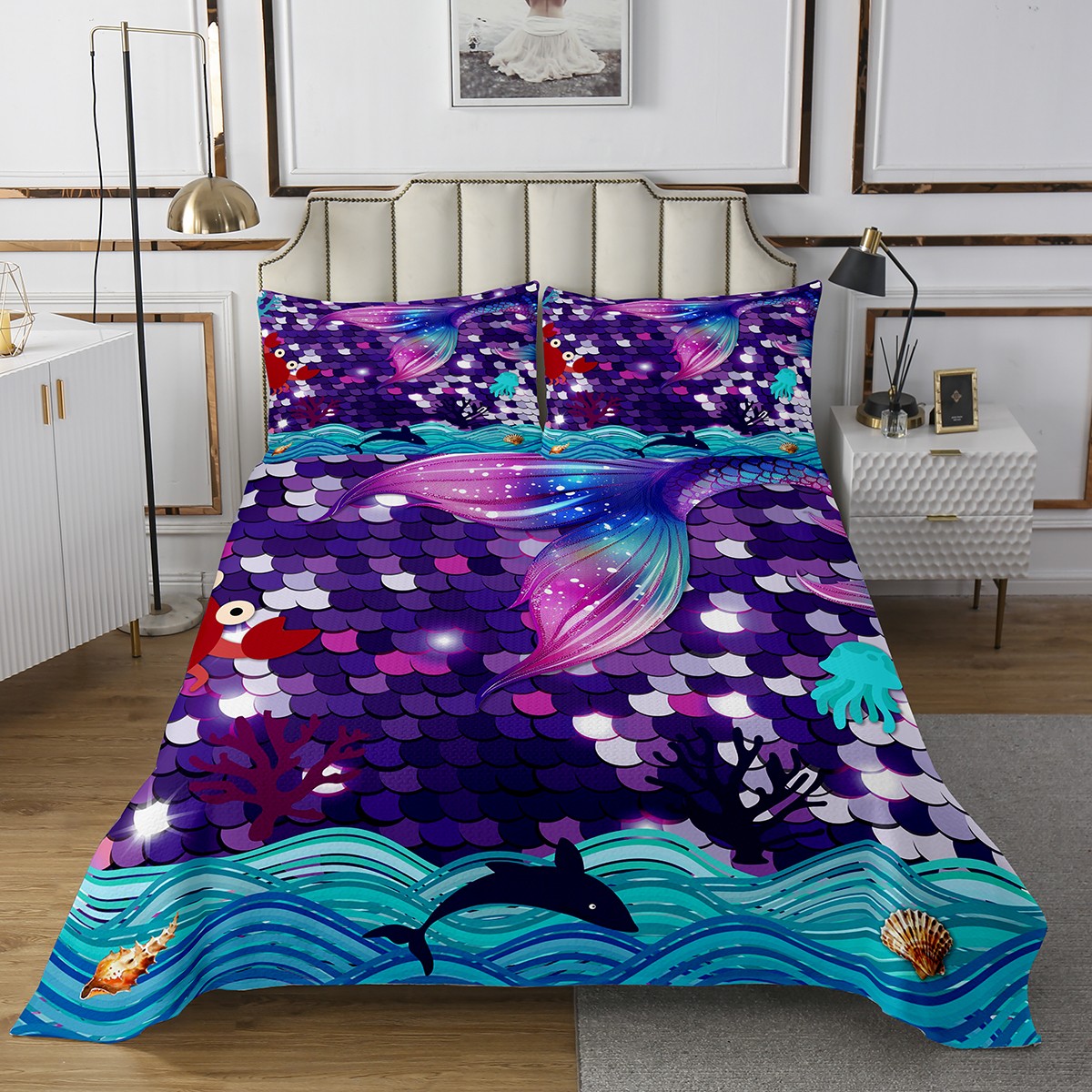 Gradient Pink Blue Mermaid Tail Quilt Set Purple Fish Scales Twin ...