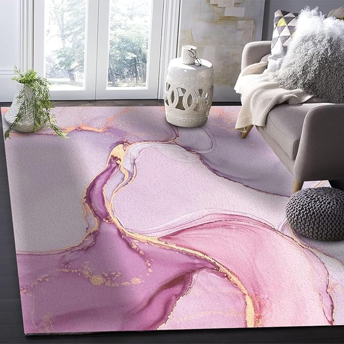 Gradient Pink Marble Area Rugs, Rose Gold Pink Line Art Easy Clean Rug ...