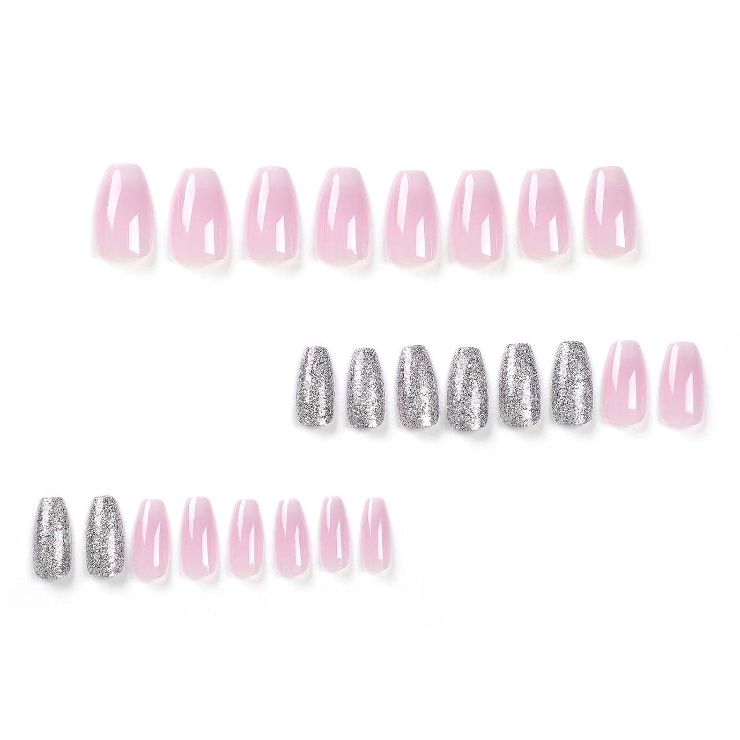Gradient Pink Press on Nails Medium Coffin Fake Nails Silver Glitter ...