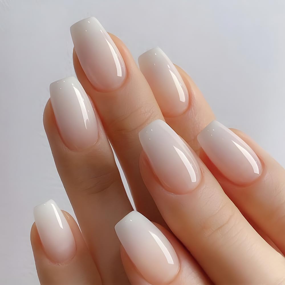 Gradient Press on Nails Medium Ballerina Shape（Cherry Blossom to White ...