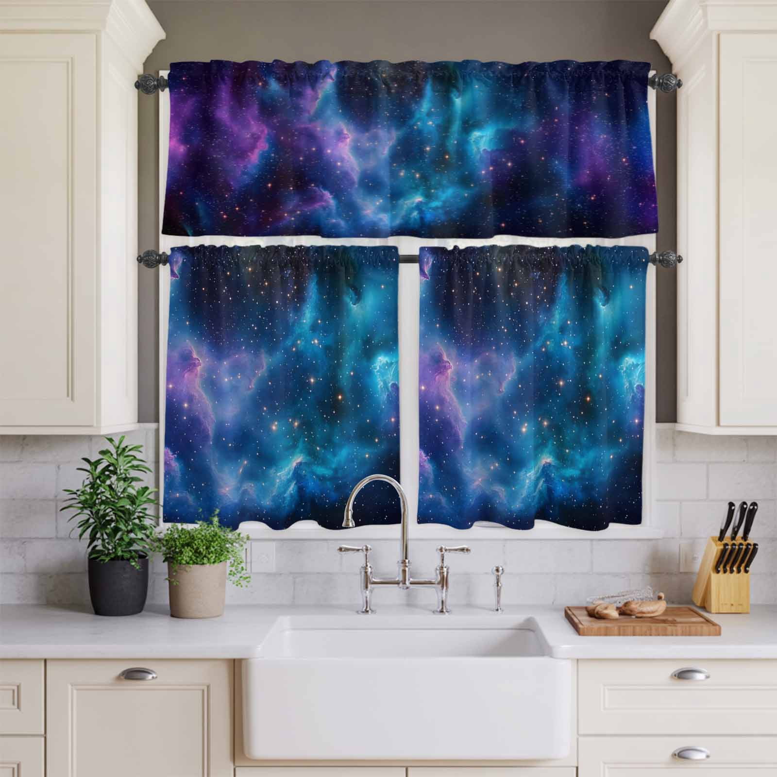 Gradient Purple Black Starry Sky Curtain Tier and Valance Set 3 Piece ...