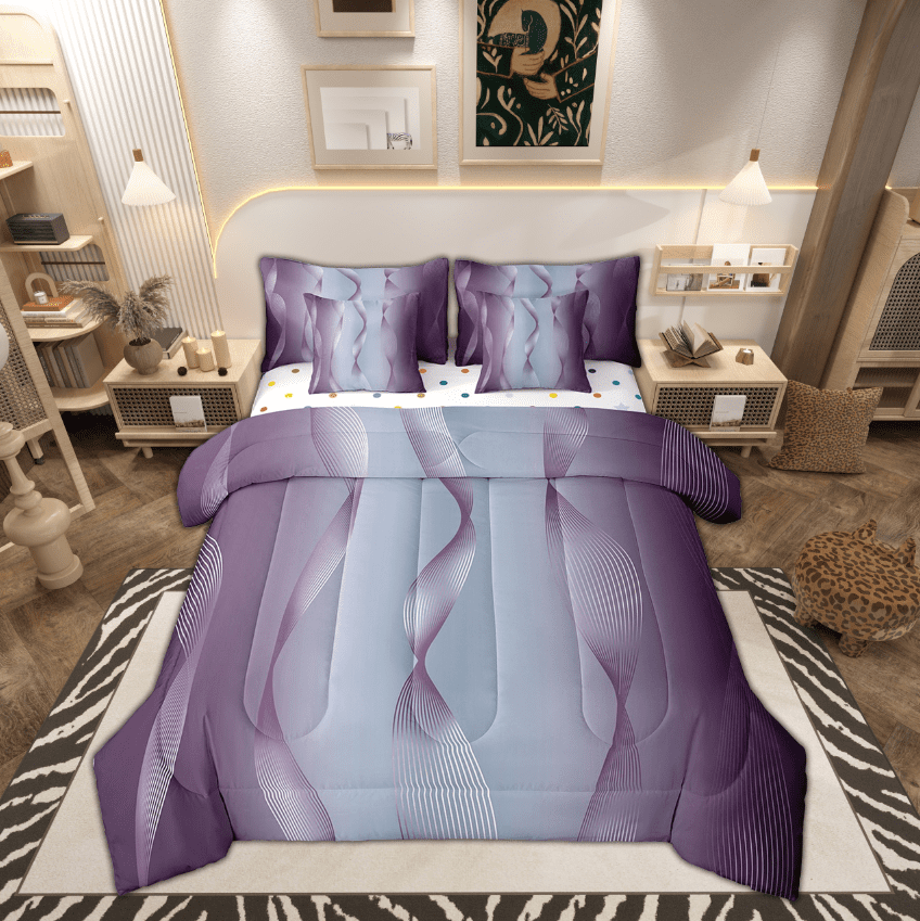 Gradient Purple and Grey Bed in a Bag Queen Comforter Set 7 Piece,Silver Foil Print Wave Striped ...