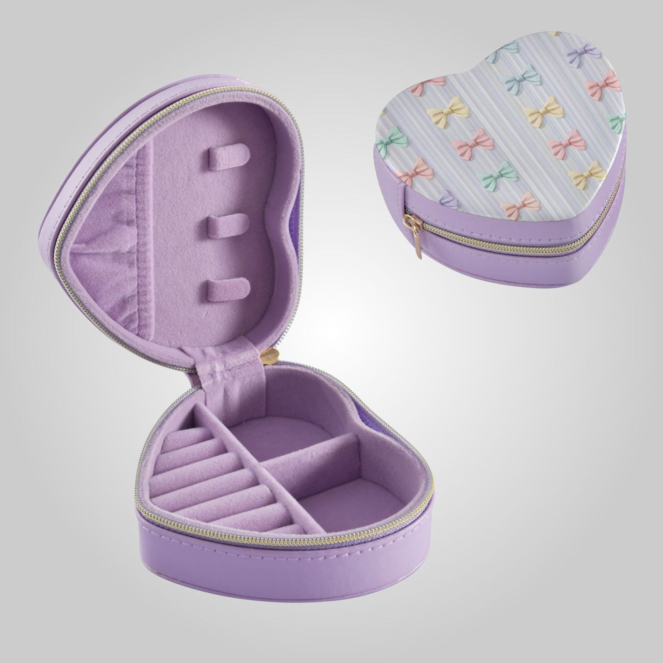 Gradient Purple Stripes Colorful Cute Bows PU Leather Heart-shaped ...