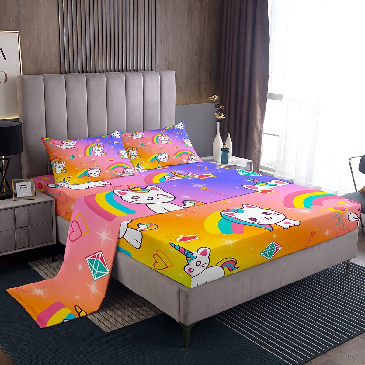 Gradient Rainbow Bed Sheets Set Little Cat Sheet Set Full,Cute Kitten ...