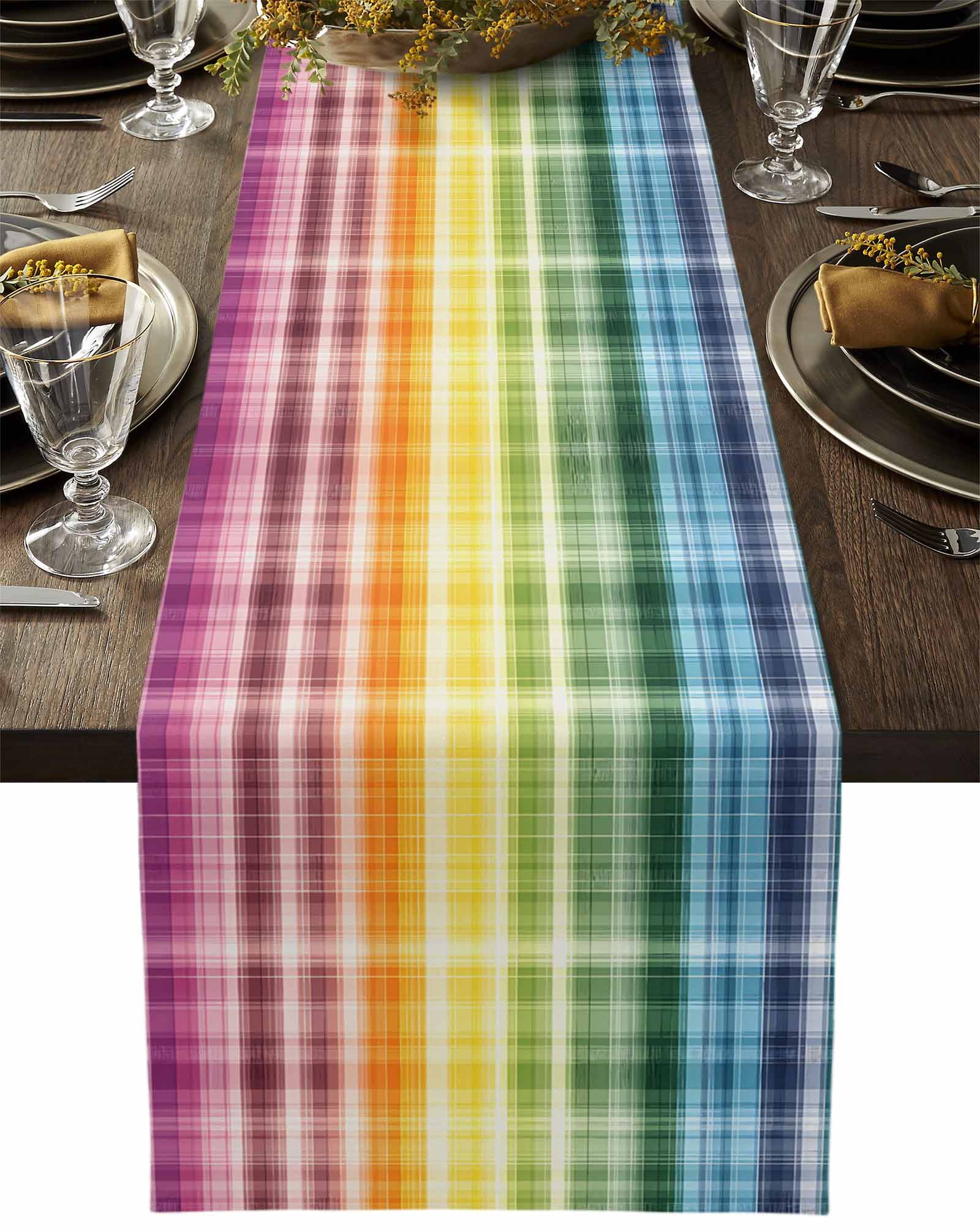 Gradient Rainbow Plaid Seamless Table Runners 13x36 Inches Long Linen ...